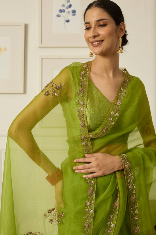 Buy lime meenakshi silk organza saree By Peeli Dori Peeli Dori
